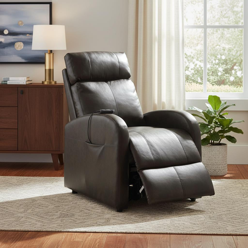 28" Gray Tufted Faux Leather Faux Leather Power Lift Assist Recliner ...