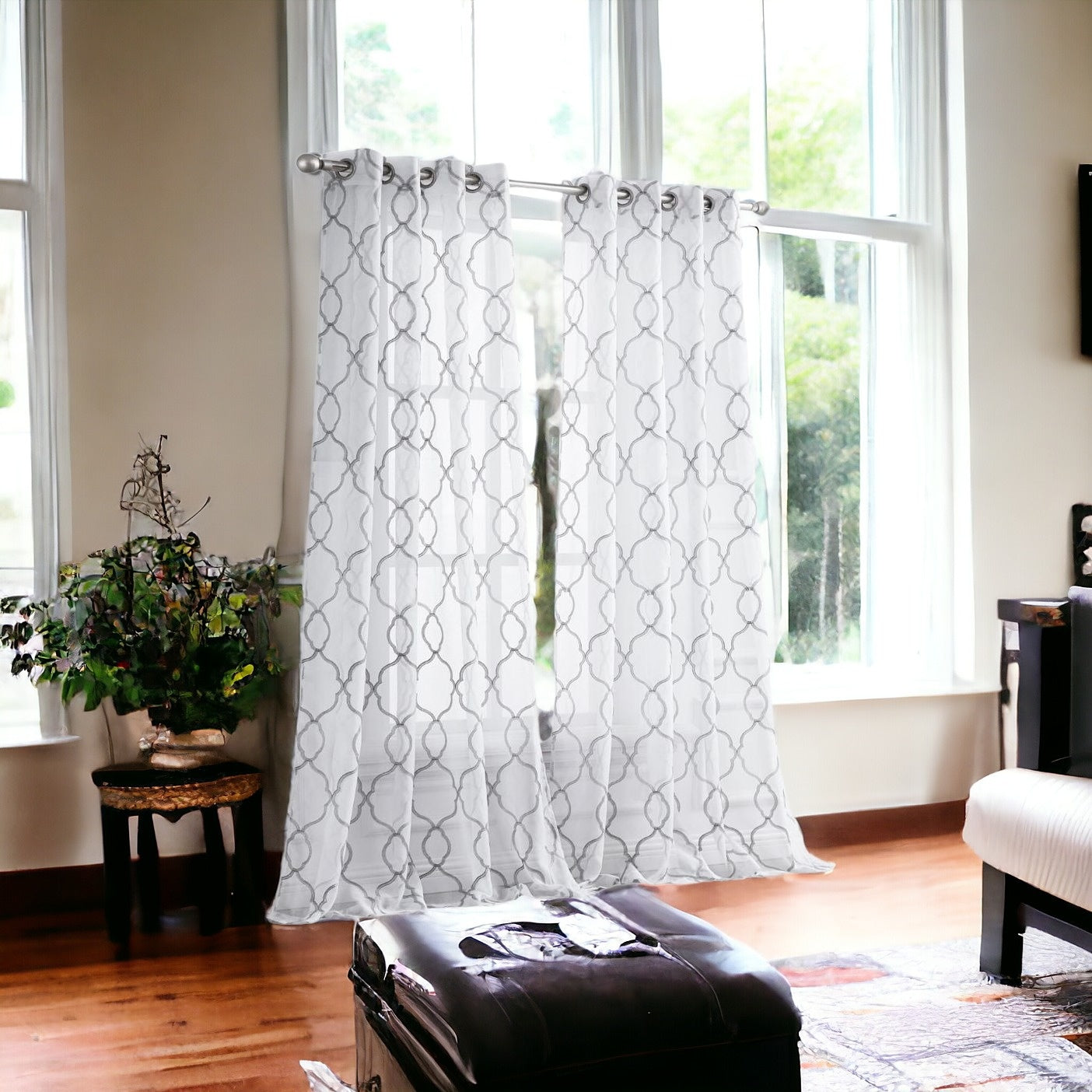 84” Silver Trellis Pattern Embroidered Window Curtain Panel – SpadezStore